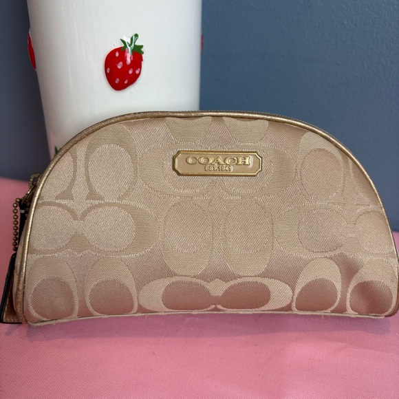 Coach | Bags | Coach Beige Gold Signature Zippered Pouch Cosmetic Bag ...